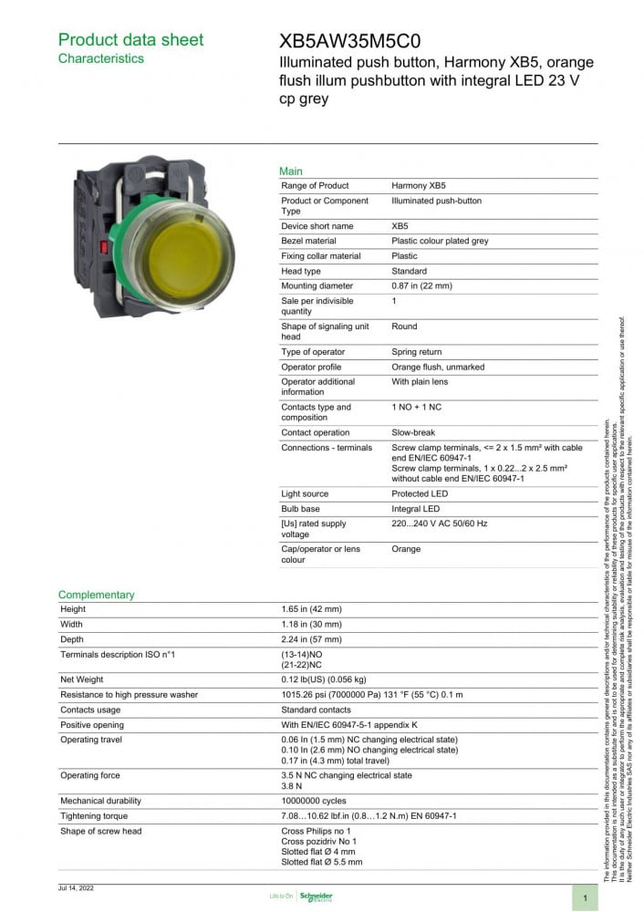 XB5AW35M5C0 technical document page 1