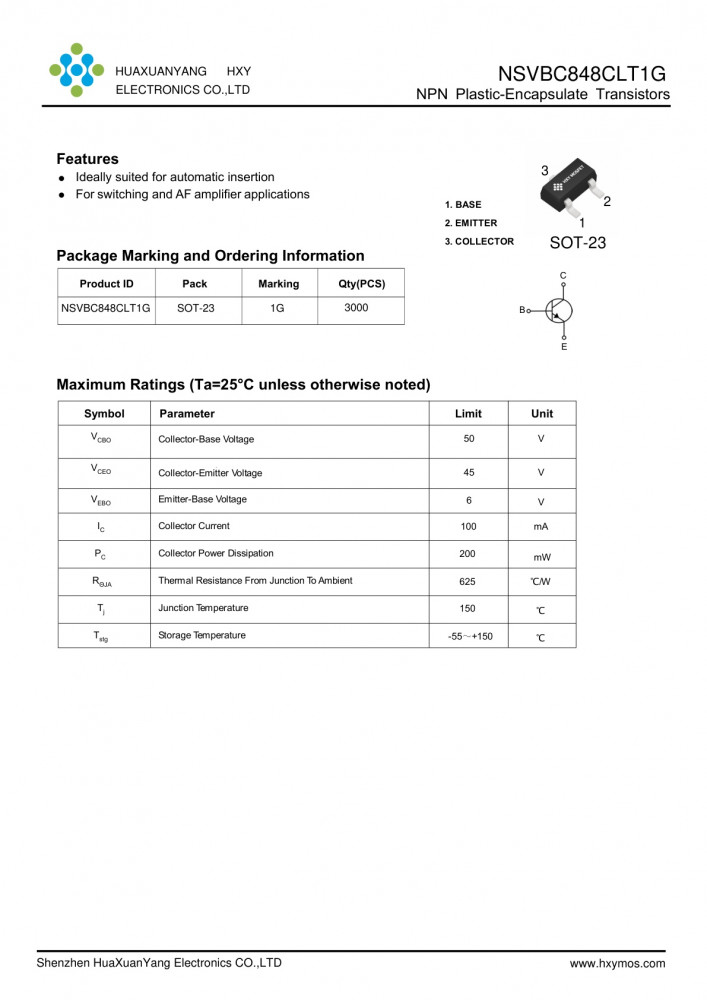 NSVBC848CLT1G-HXY datasheet page 1