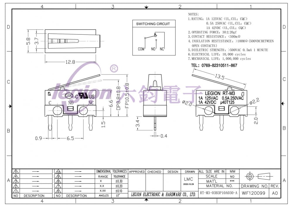 Legion RT-M3-03B3P10A030-A technical document page