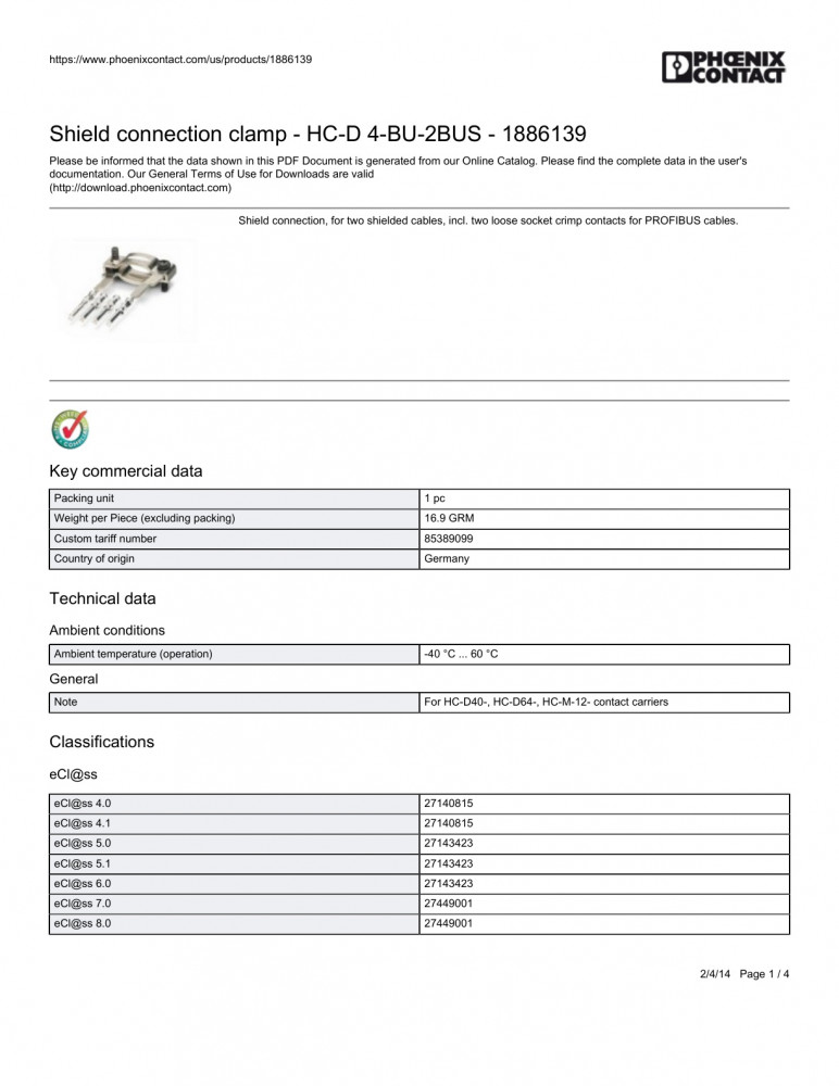 Phoenix Contact 1886139 product document page 1