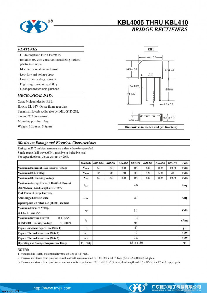 JUXING KBL410 datasheet page 1