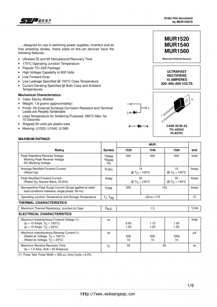 MUR1560 datasheet page 1