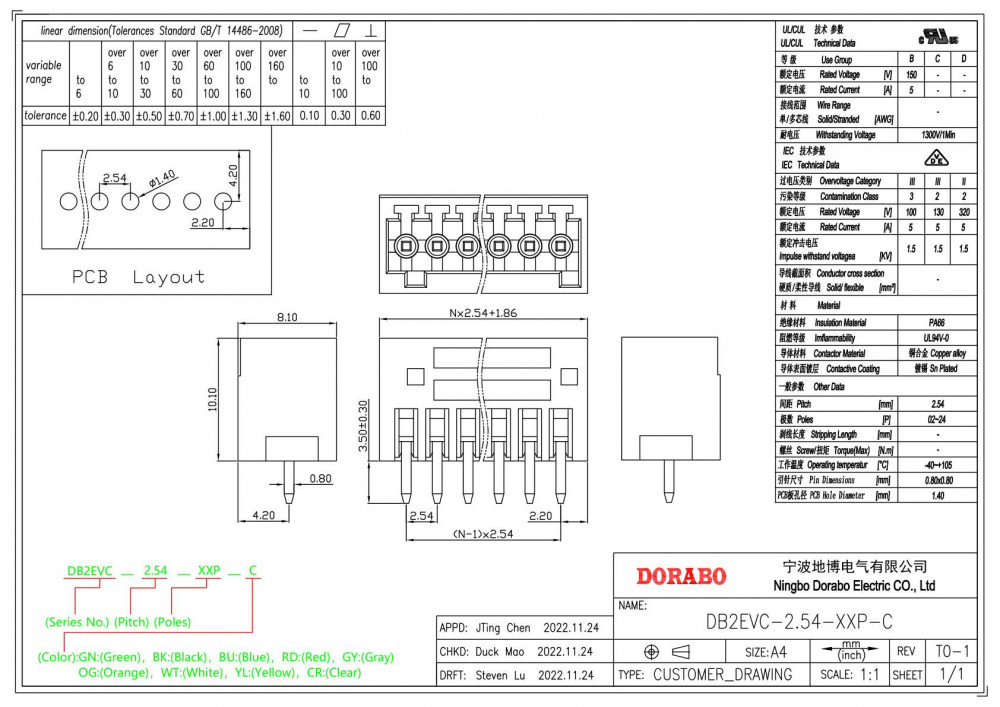 DB2EVC-2.54-13P-GN technical document preview