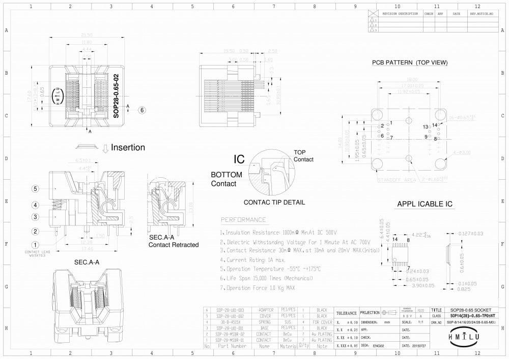 HMILU SSOP14(28)-0.65 socket drawing and specifications