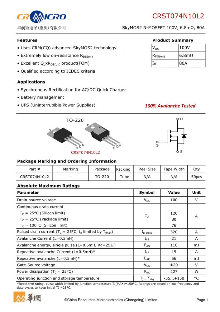 CRST074N10L2 datasheet page 1