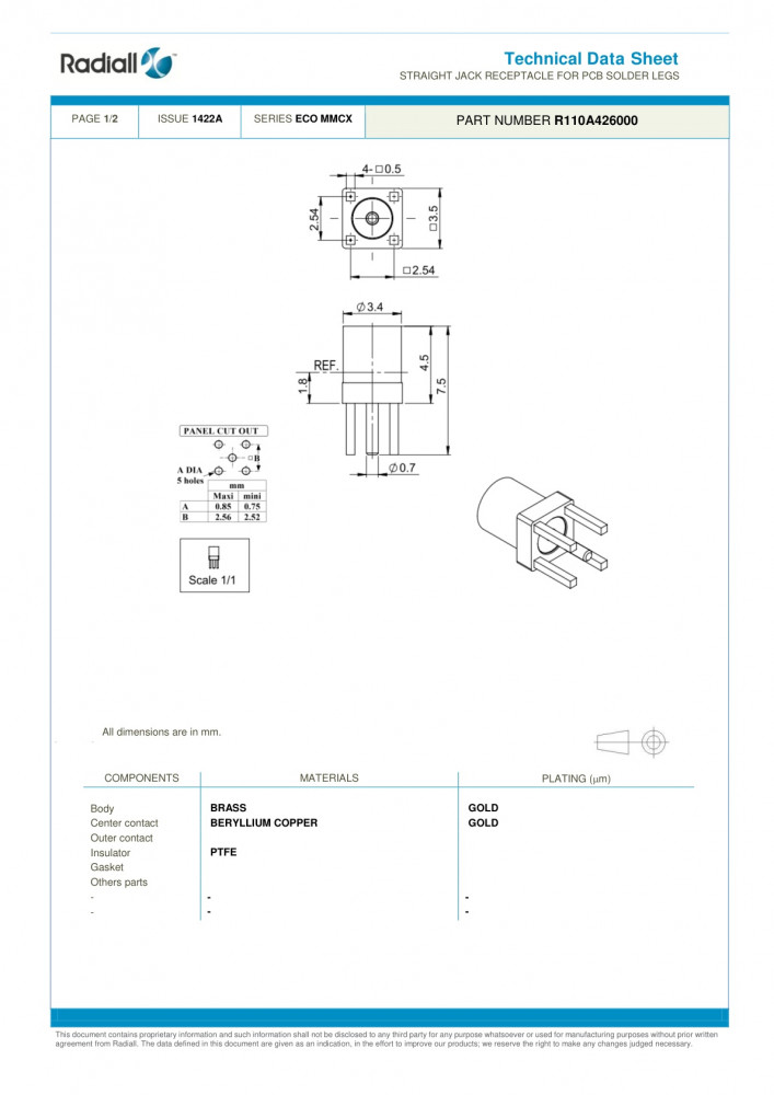 Radiall R110A426000 ECO MMCX product drawing, page 1