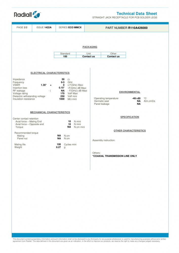 Radiall R110A426000 ECO MMCX specifications, page 2
