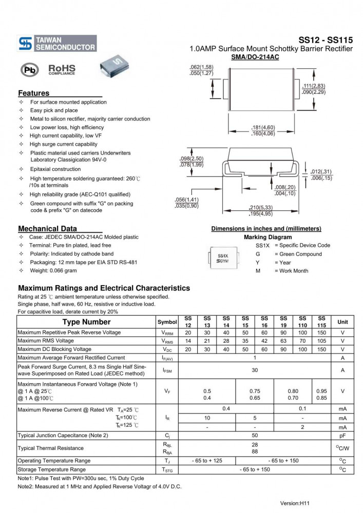 JRH Electronics SS14 datasheet page 1