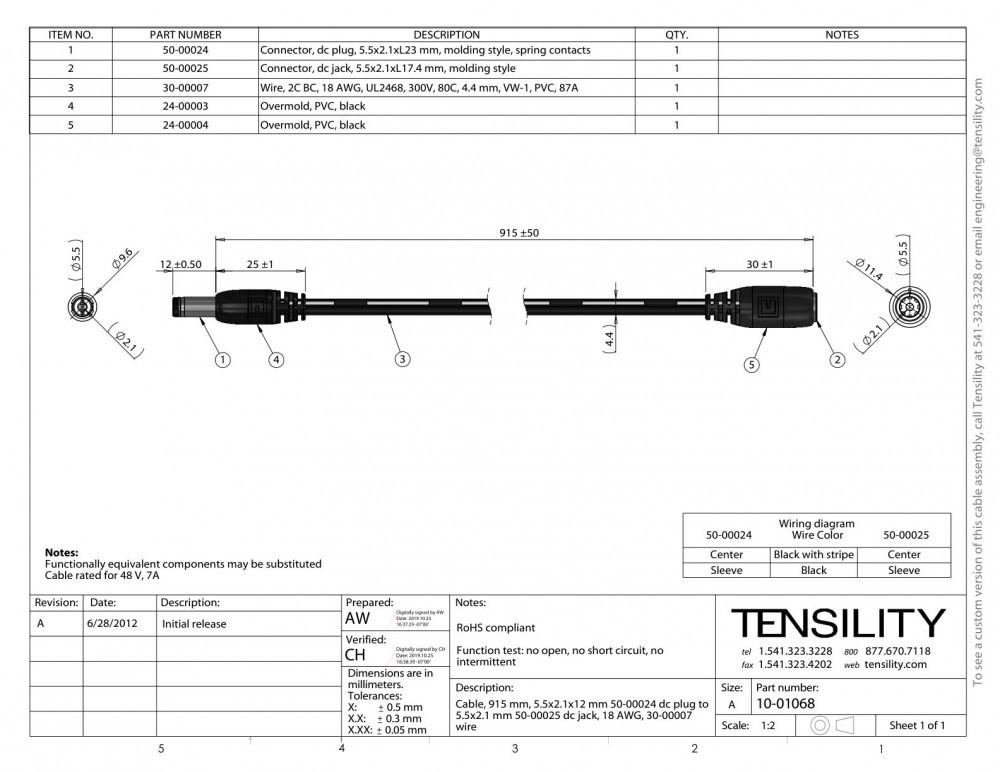 Tensility International 10-01068 cable assembly drawing