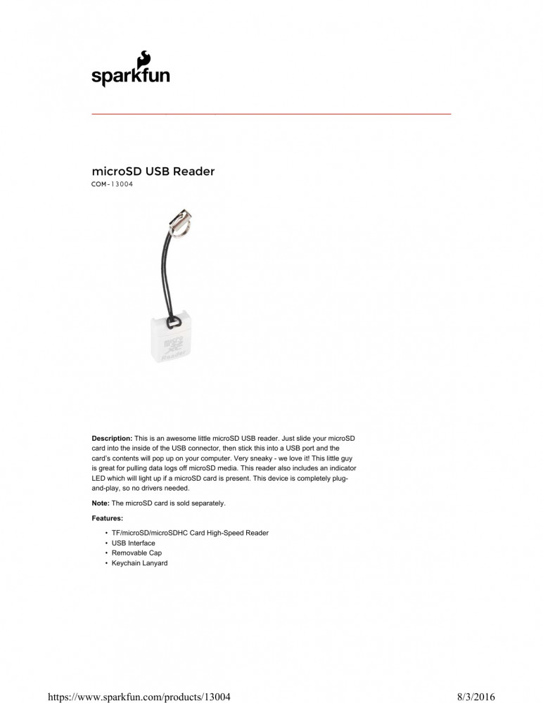 COM-13004 microSD USB Reader product documentation image