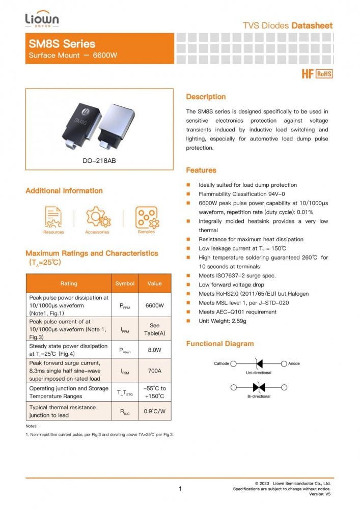 Liown SM8S series datasheet page 1