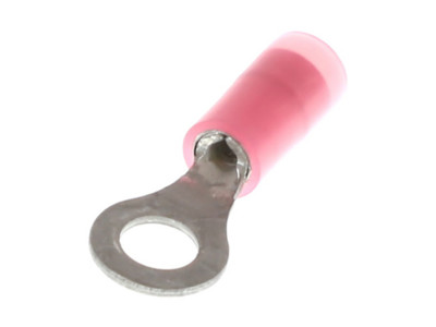 Avikrimp Ring Tongue Terminal for 22-18 AWG Wire, Stud Size 8 (M4), Length 22.00mm, Red, Mylar Tape Carrier