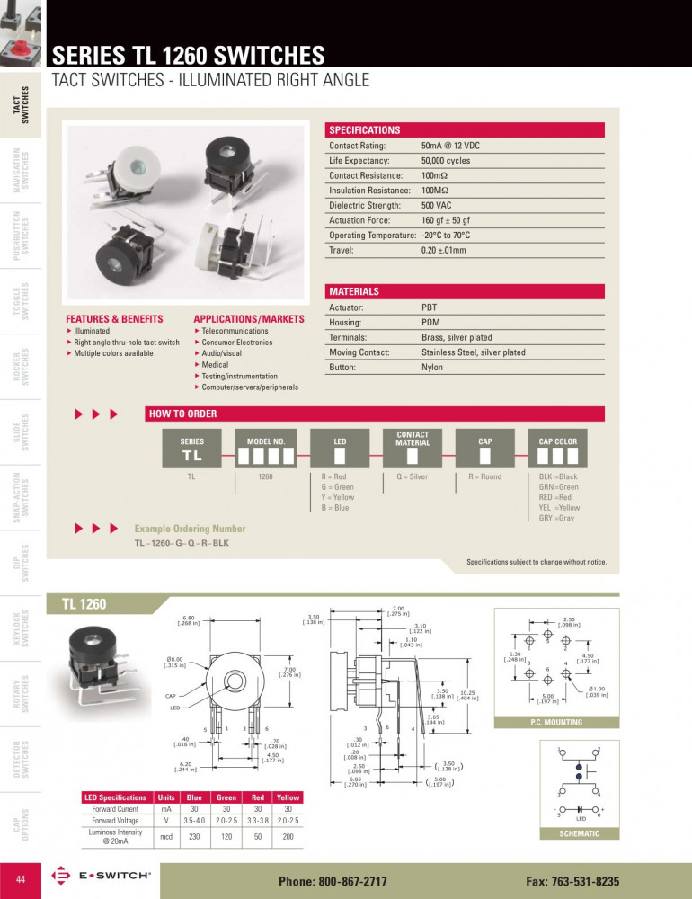 E-Switch TL 1260 series technical documentation image