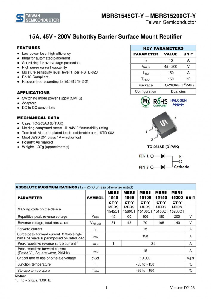 MBRS1545CT-Y technical document page 1