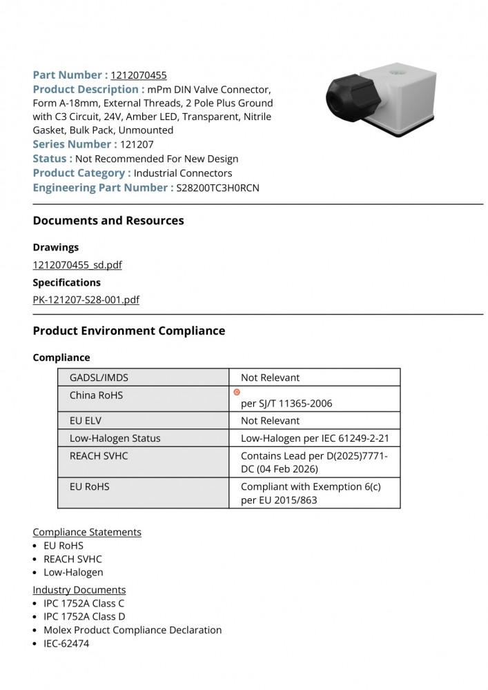 Molex S28 DIN valve connector packaging specification page 1