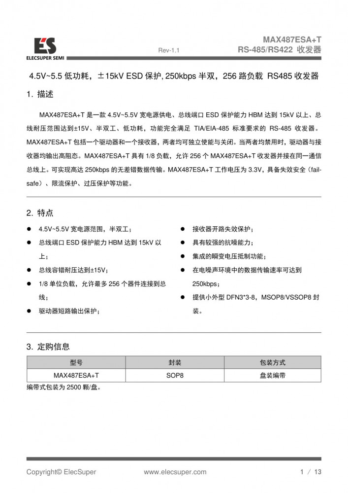MAX487ESA+T datasheet page 1