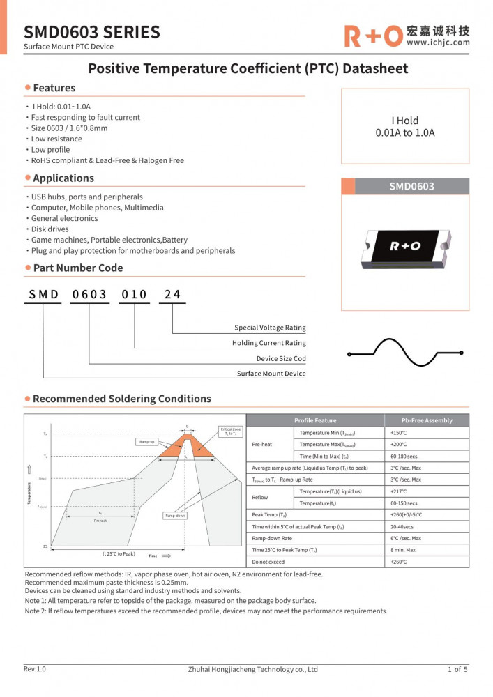 R+O SMD0603 PPTC datasheet page 1