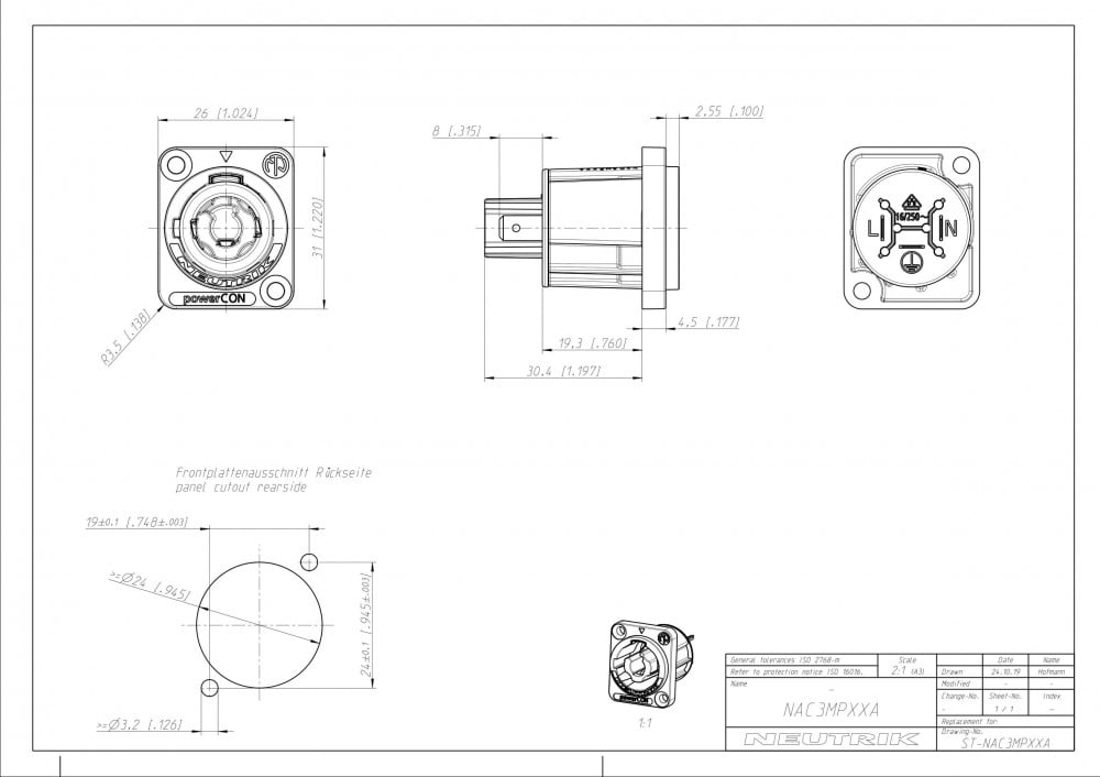Neutrik NAC3MPXXA technical drawing page 1