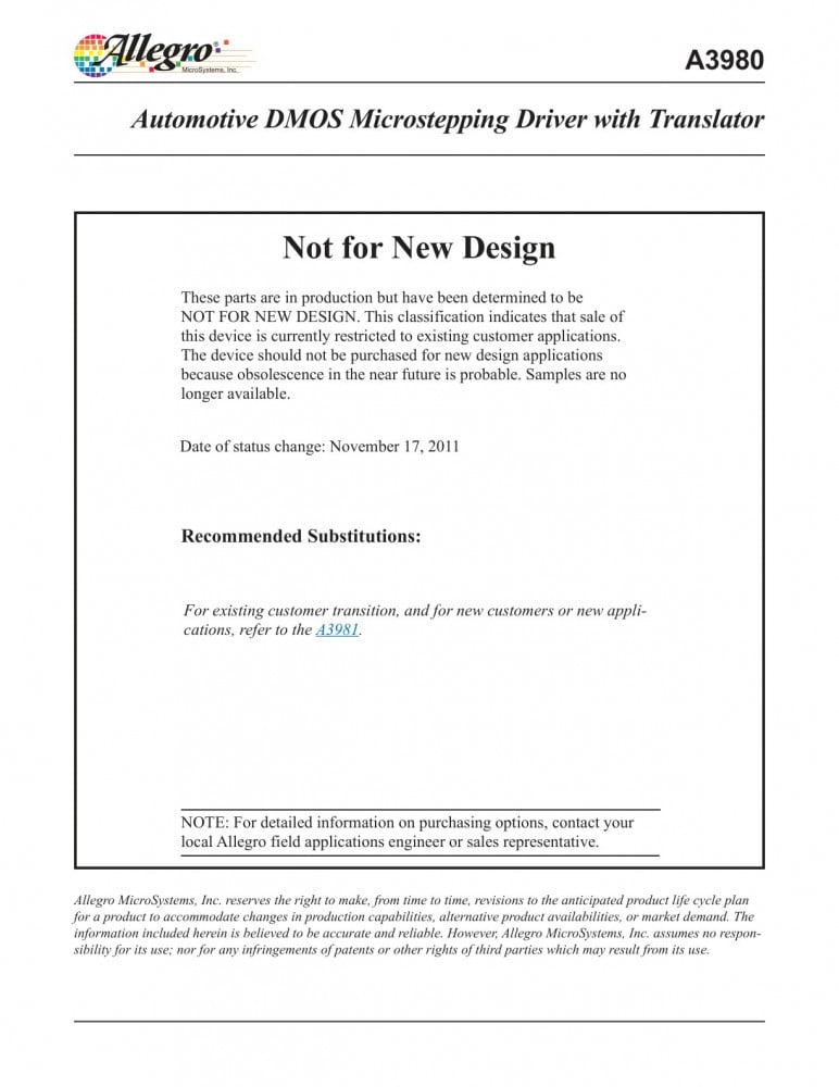 A3980 datasheet page 1