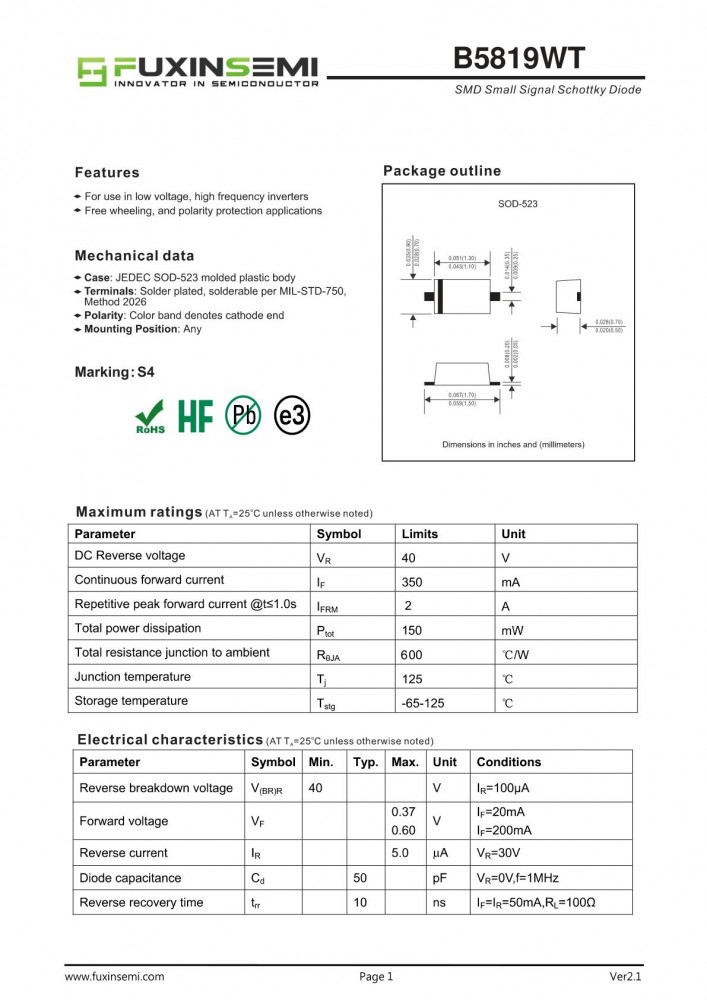 B5819WT datasheet page 1