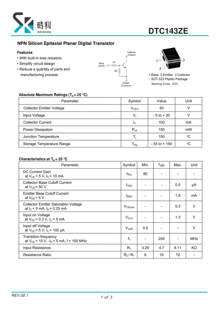 DTC143ZE datasheet page 1