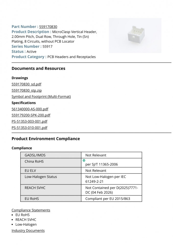 MOLEX 559170830 product drawing preview, page 1