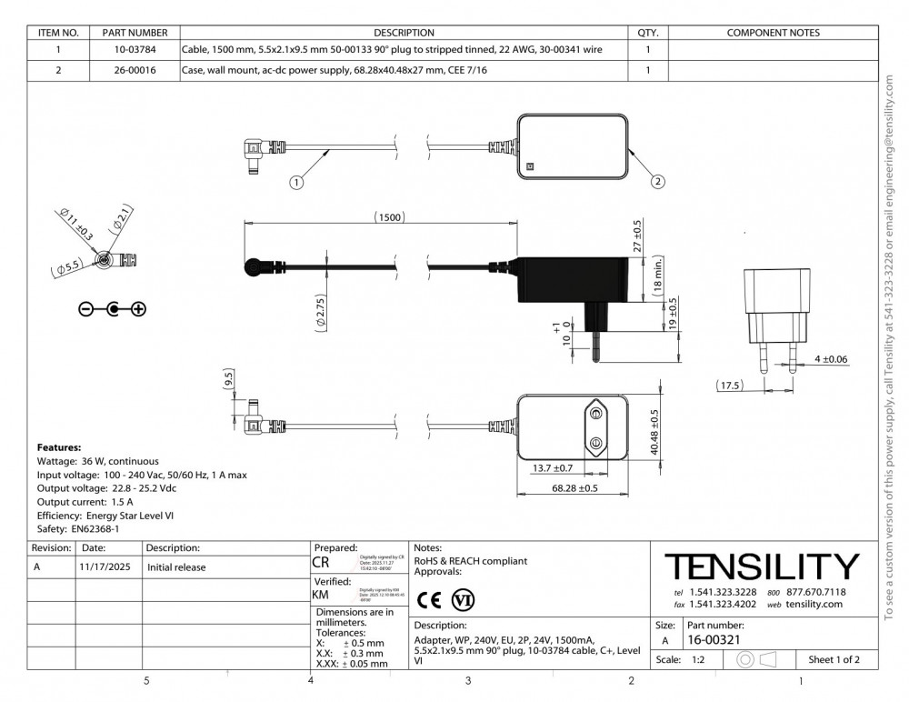 Tensility 16-00321 product drawing and adapter specification, page 1