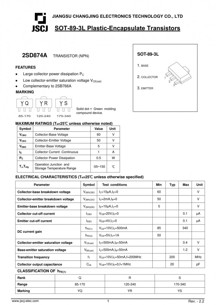2SD874A datasheet page 1