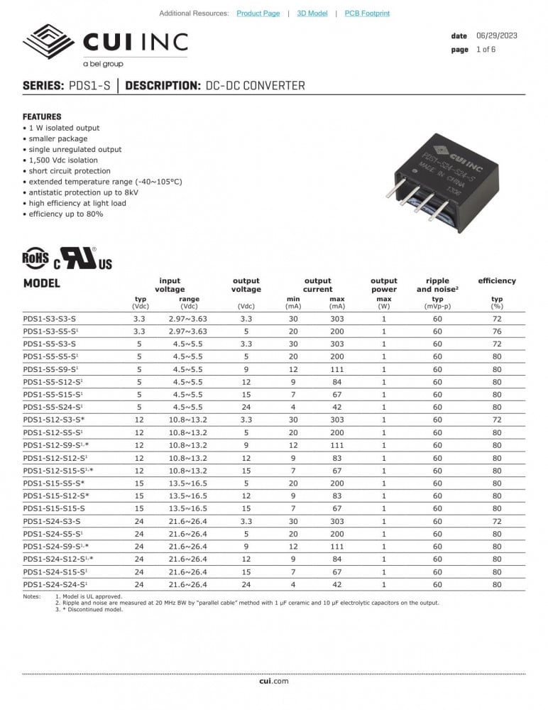 CUI PDS1-S datasheet page 1