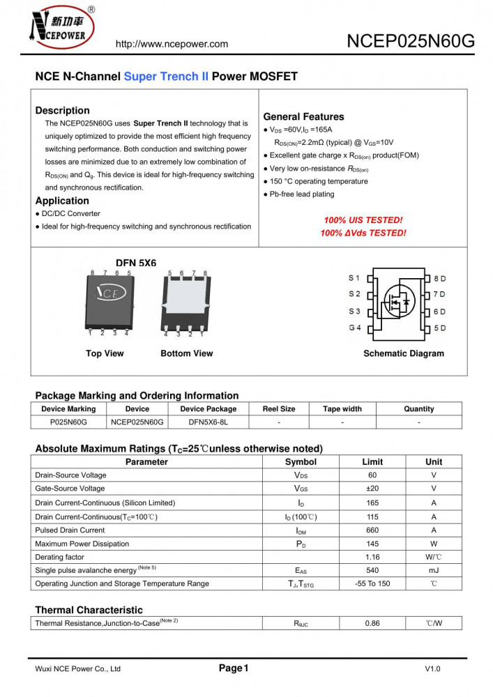 NCEP025N60G datasheet page 1
