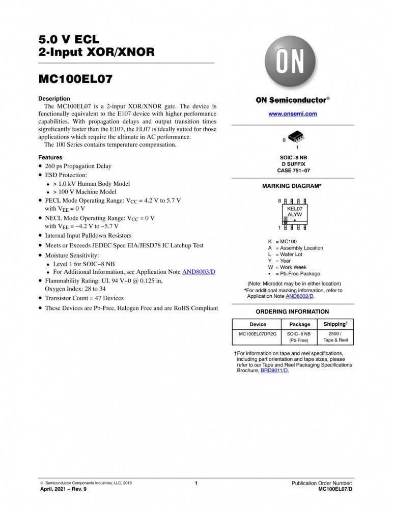 MC100EL07 datasheet page 1