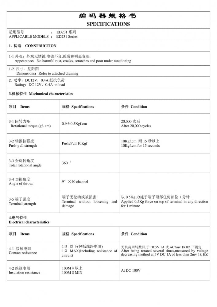 CTR ED231 specification page 1