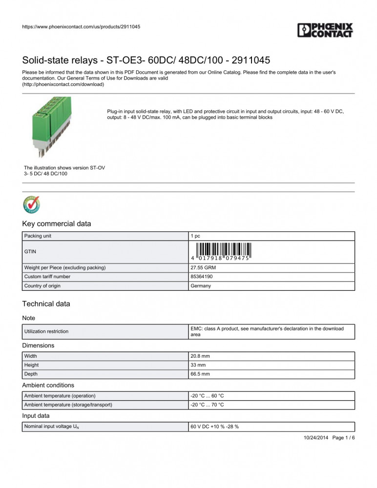 Phoenix Contact 2911045 technical document page 1