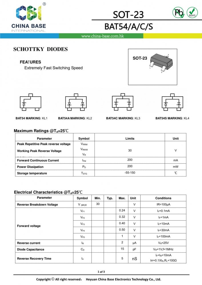 CBI BAT54C datasheet page 1
