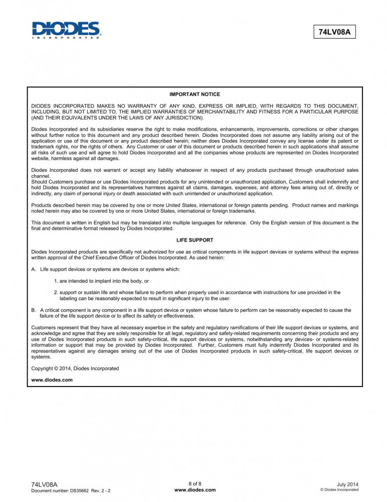 74LV08AT14-13 datasheet page 8