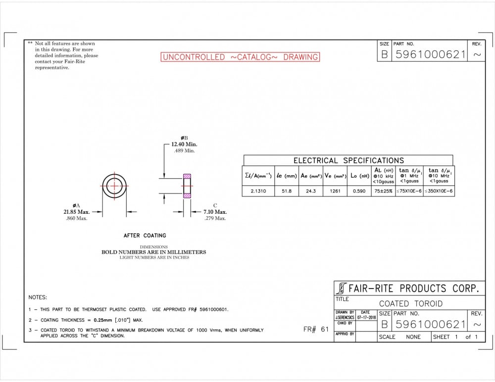 Fair-Rite 5961000621 technical document page