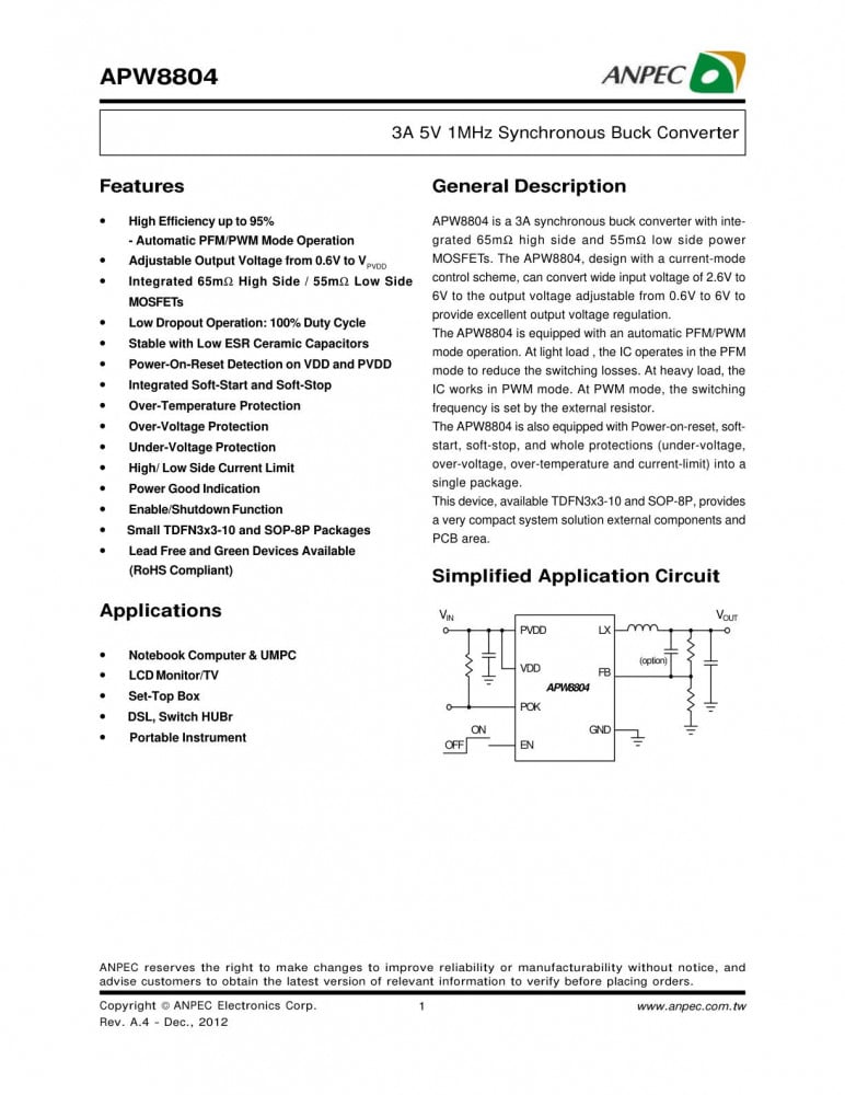 APW8804 datasheet page 1