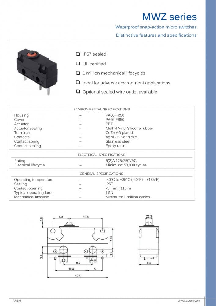 APEM MWZ series document page 1