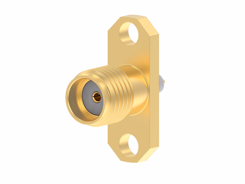 SMA Jack, Straight, Bulkhead, Crimp, RG-174, RG-188 and RG-316 Cable, Brass Body, Gold (Au) Plated, with Jam Nut and Lockwasher, Bulk Bag, 50 Ohms
