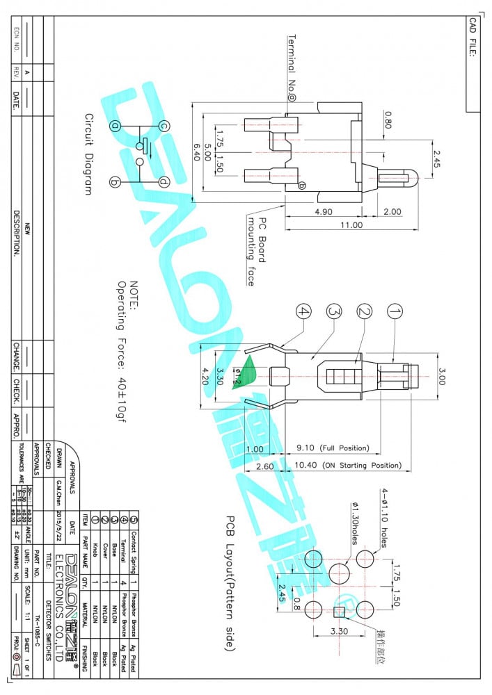 DEALON TK-1085-C detector switch technical drawing
