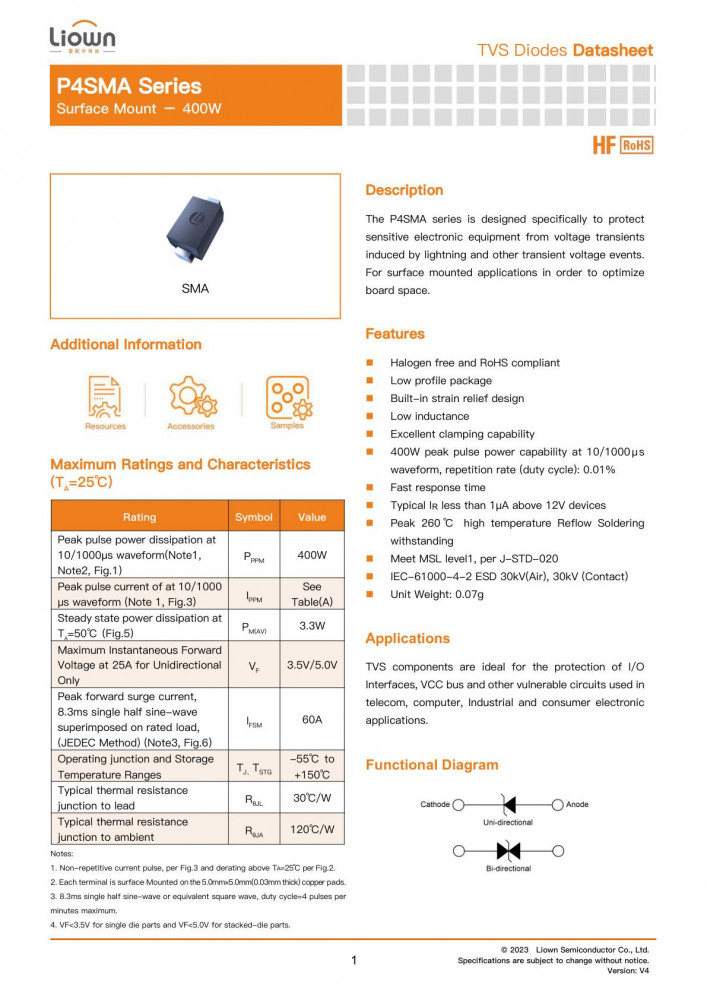 Liown P4SMA6.8A datasheet page 1