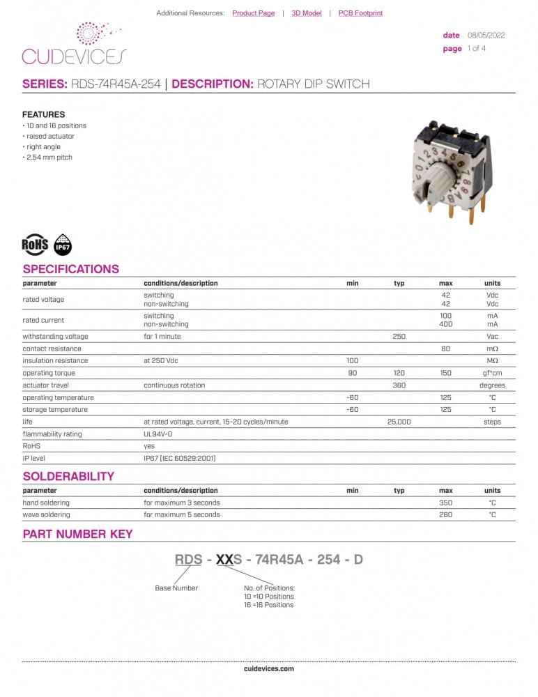 CUI RDS-16S-74R45A-254-D datasheet page 1