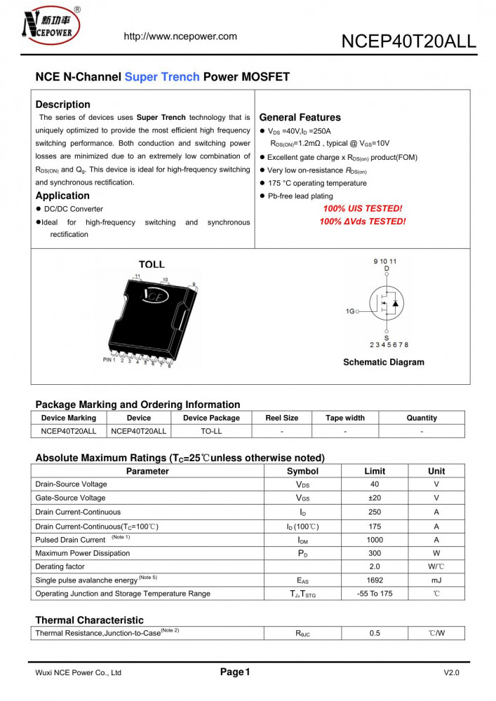 NCEP40T20ALL datasheet page 1