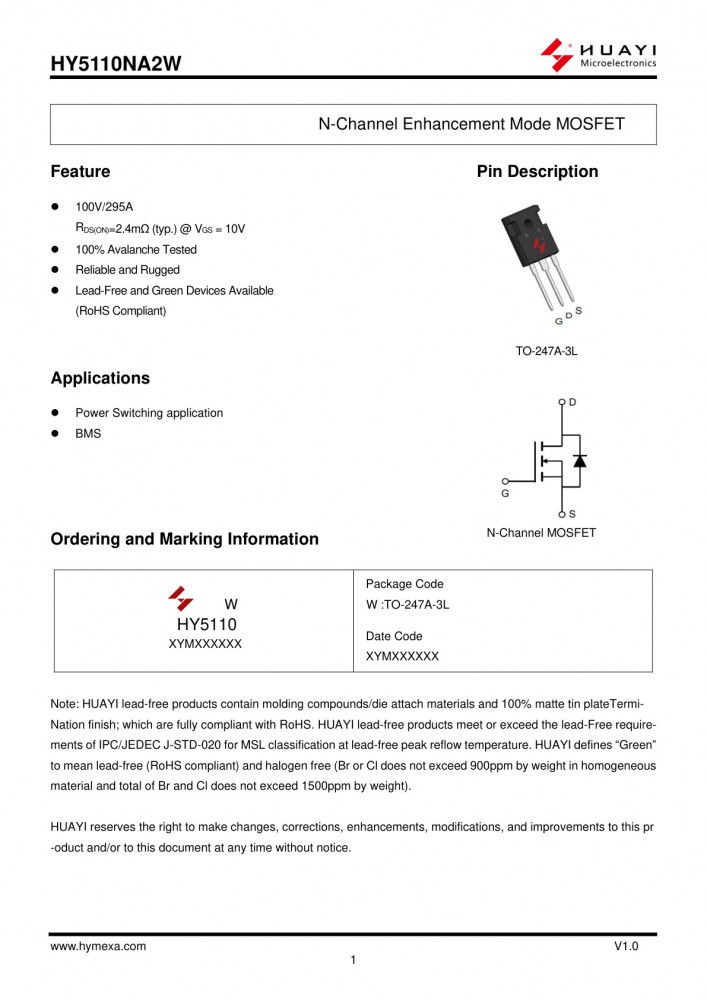 HY5110NA2W datasheet page 1