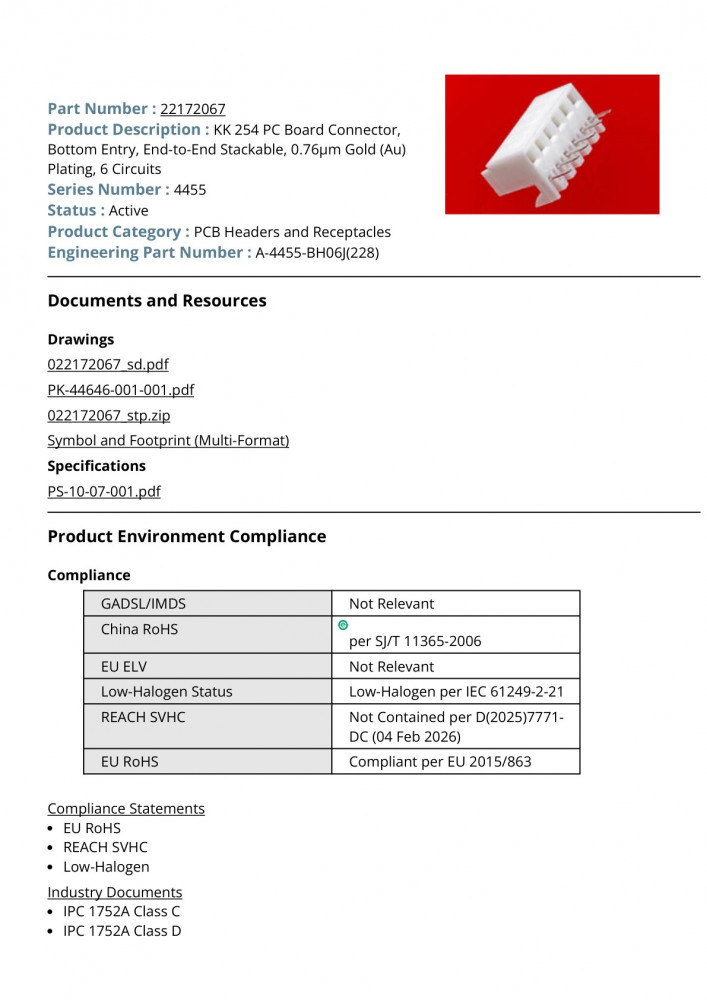 MOLEX 22172067 technical document preview, page 1
