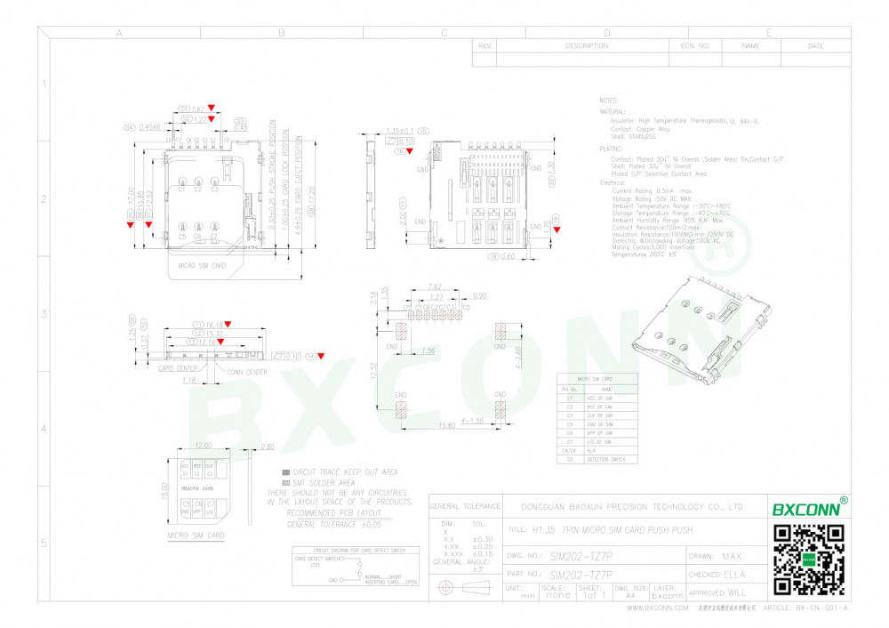 BXCONN SIM202-TZ7P technical drawing