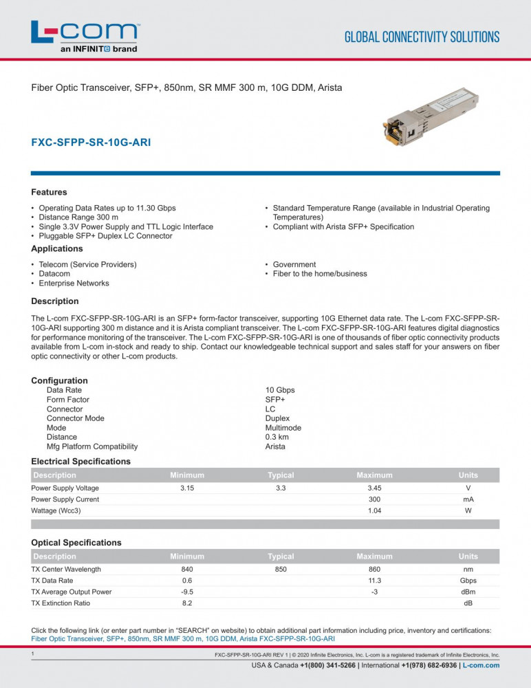 FXC-SFPP-SR-10G-ARI datasheet page 1
