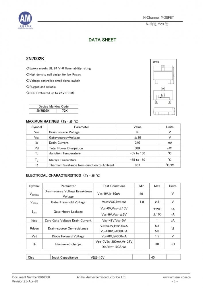2N7002K data sheet page 1
