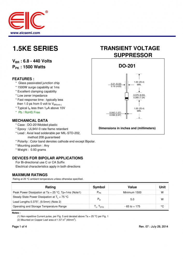 1.5KE series datasheet page 1