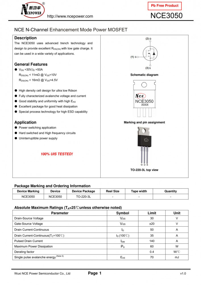 NCE3050 datasheet page 1